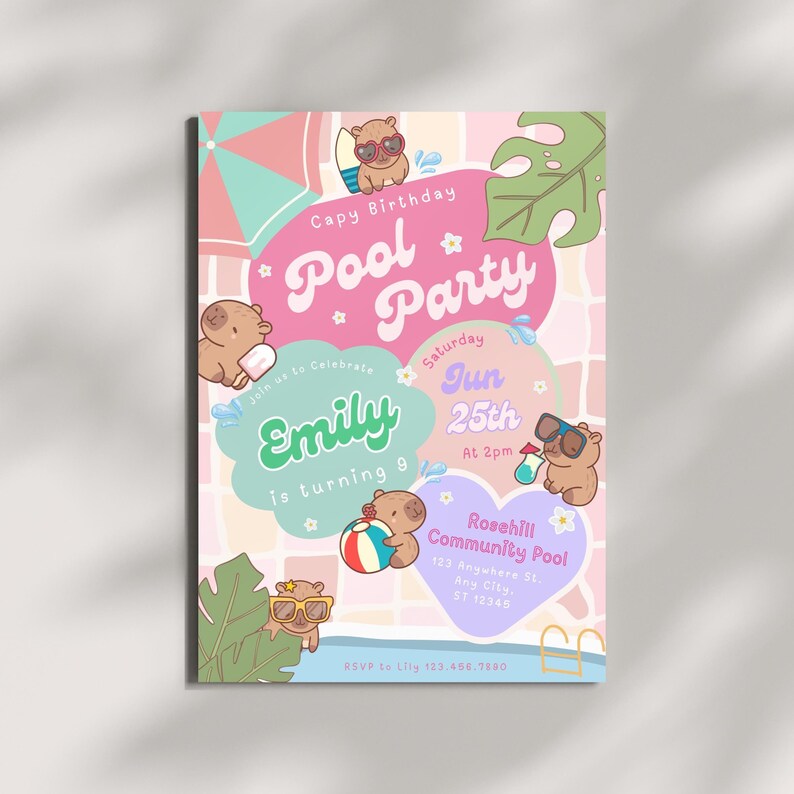 Editable Capybara Pool Party Birthday Invitation, Girl Pool Birthday ...