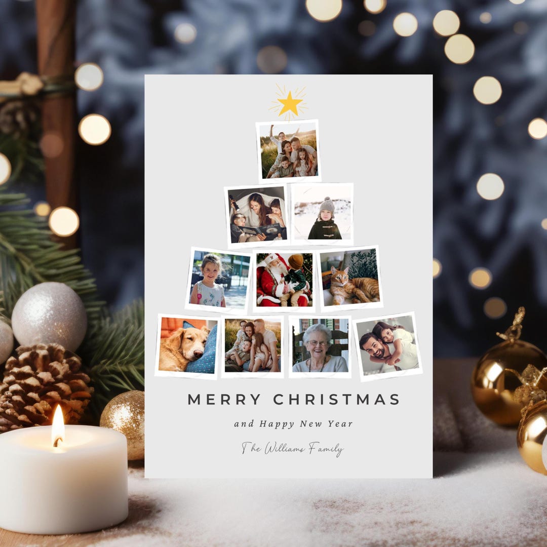Christmas Tree Family Photo Collage Card Template, Happy Holiday Photo ...