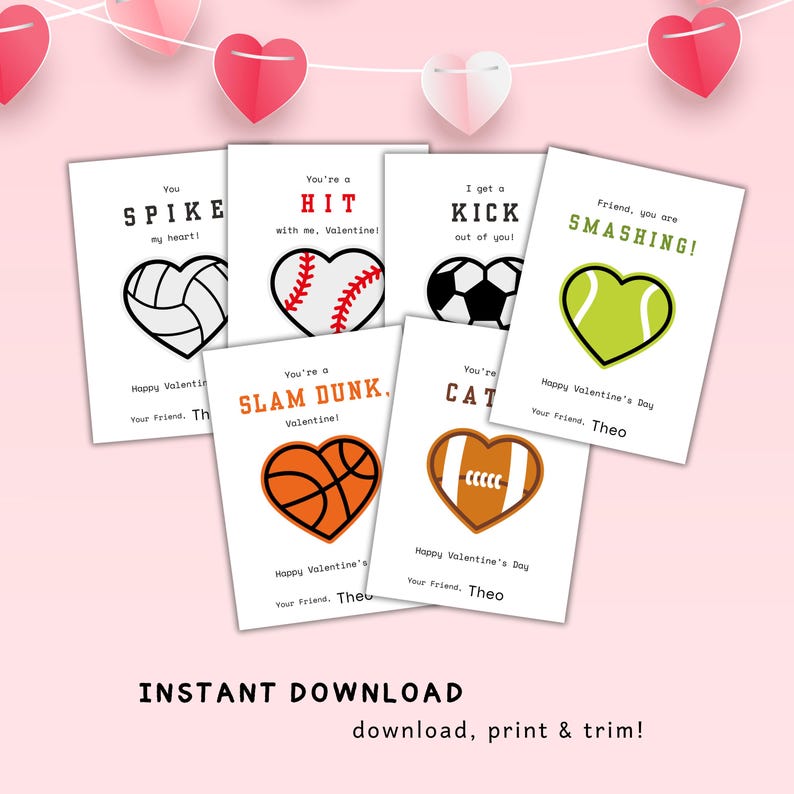 Sports Valentine's Day Cards Template, Printable Kids Vday Tags, School ...