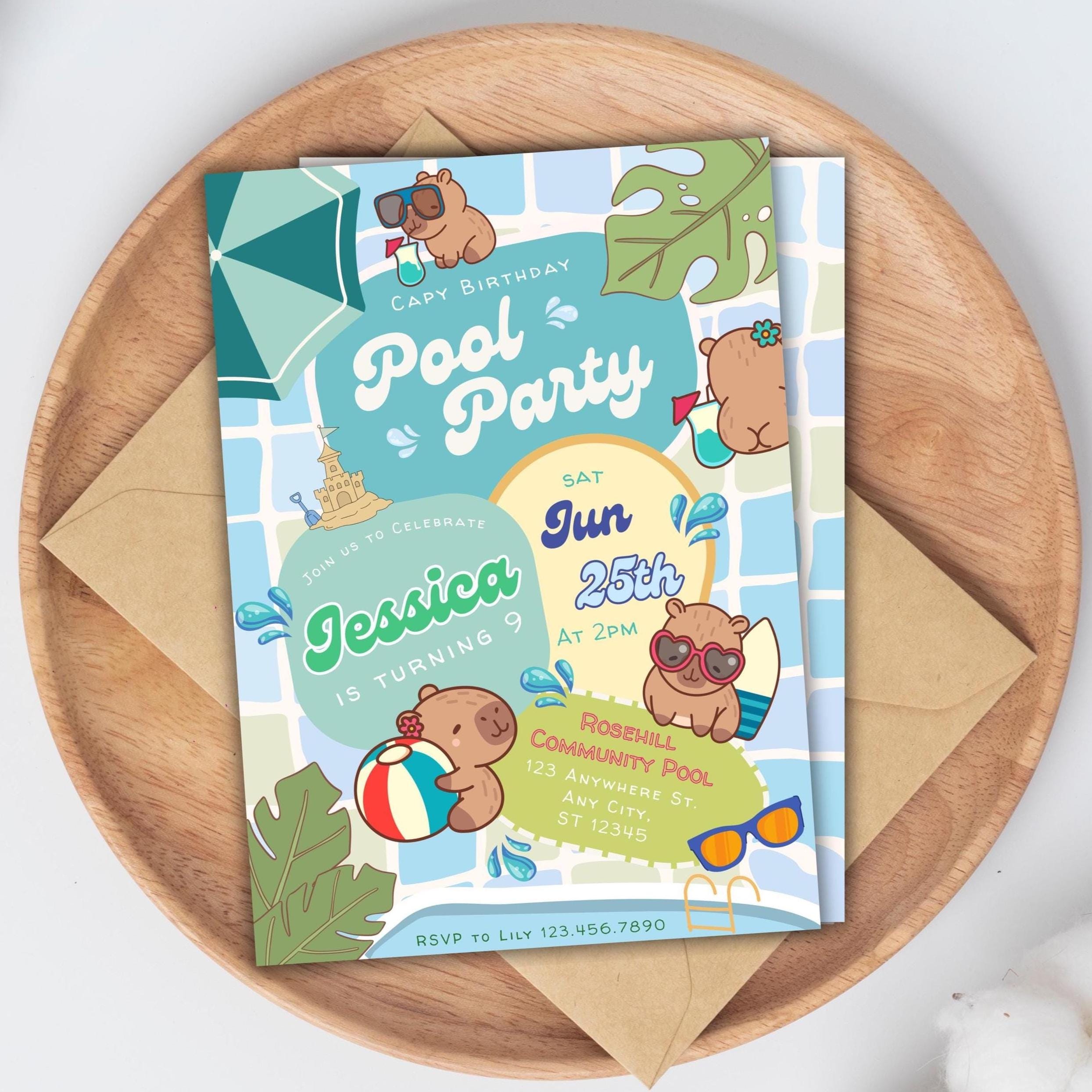 Editable Capybara Pool Party Birthday Invitation, Pool Birthday Party ...