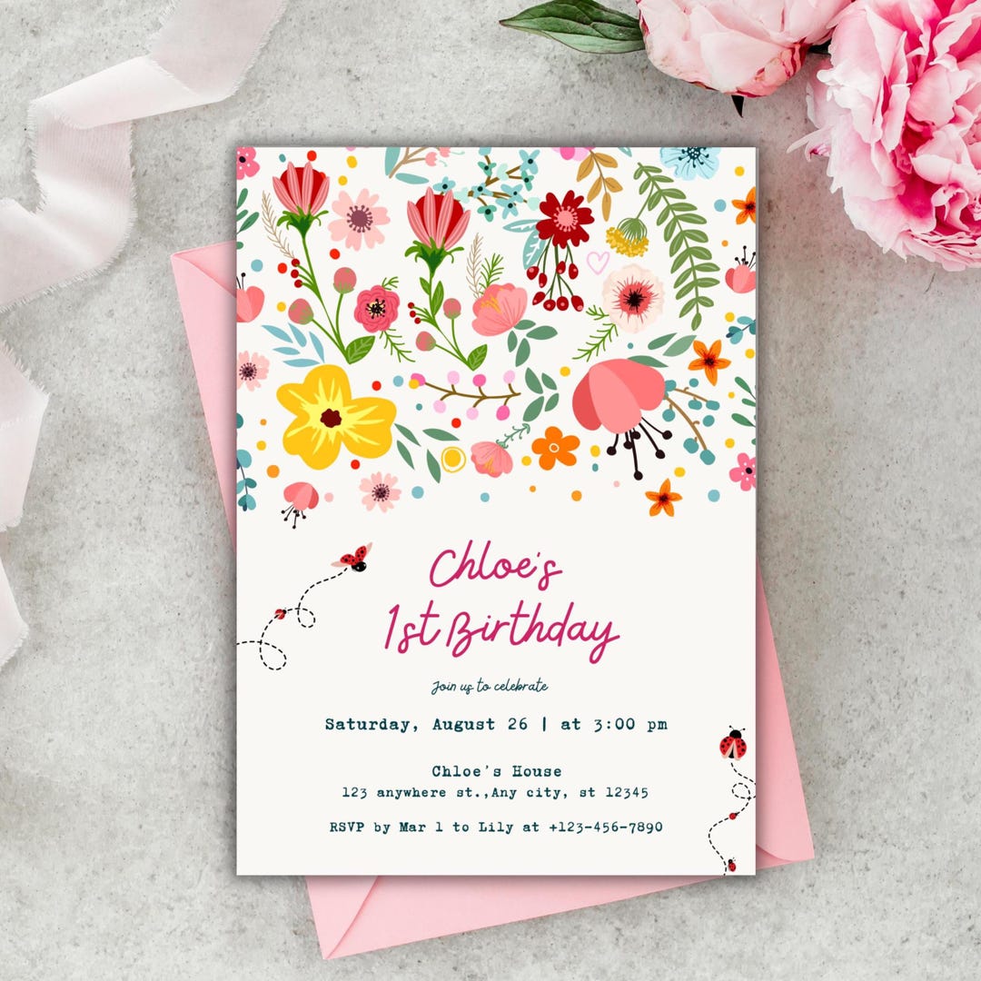 Spring Flowers Birthday Invitation Template, Garden Party Invite ...
