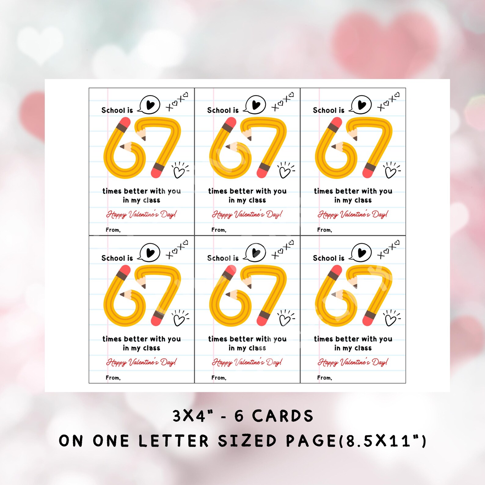Valentine 67 Meme Cards Template, Printable Six Seven Slang School ...
