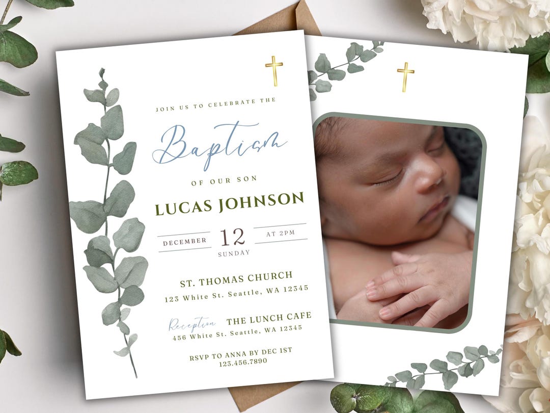 Editable Boy Baptism Invitation Template, Printable Greenery Baptism Invite, Boy Photo Baptism ...