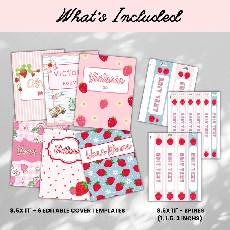 Editable Strawberry Binder Covers and Spines for Girl, Personalised ...