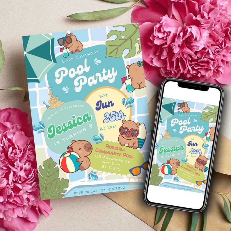 Editable Capybara Pool Party Birthday Invitation, Pool Birthday Party ...