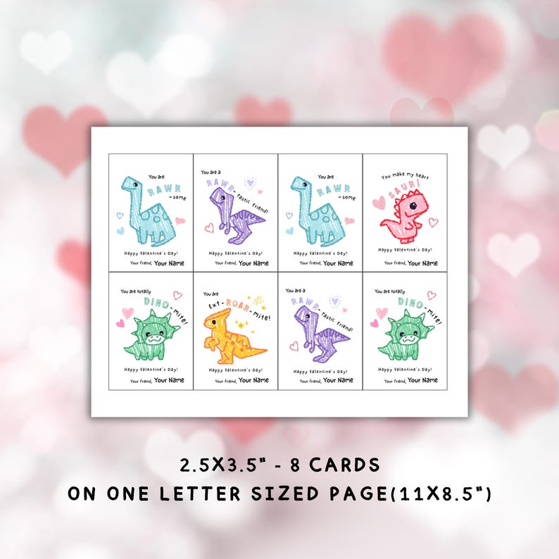 Dinosaur Valentine's Day Cards Template, Printable Kids Dino Vday Tags ...