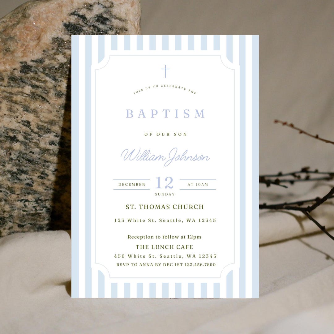 Boy Baptism Invitation Template, Printable Classic Blue Stripes Baptism ...