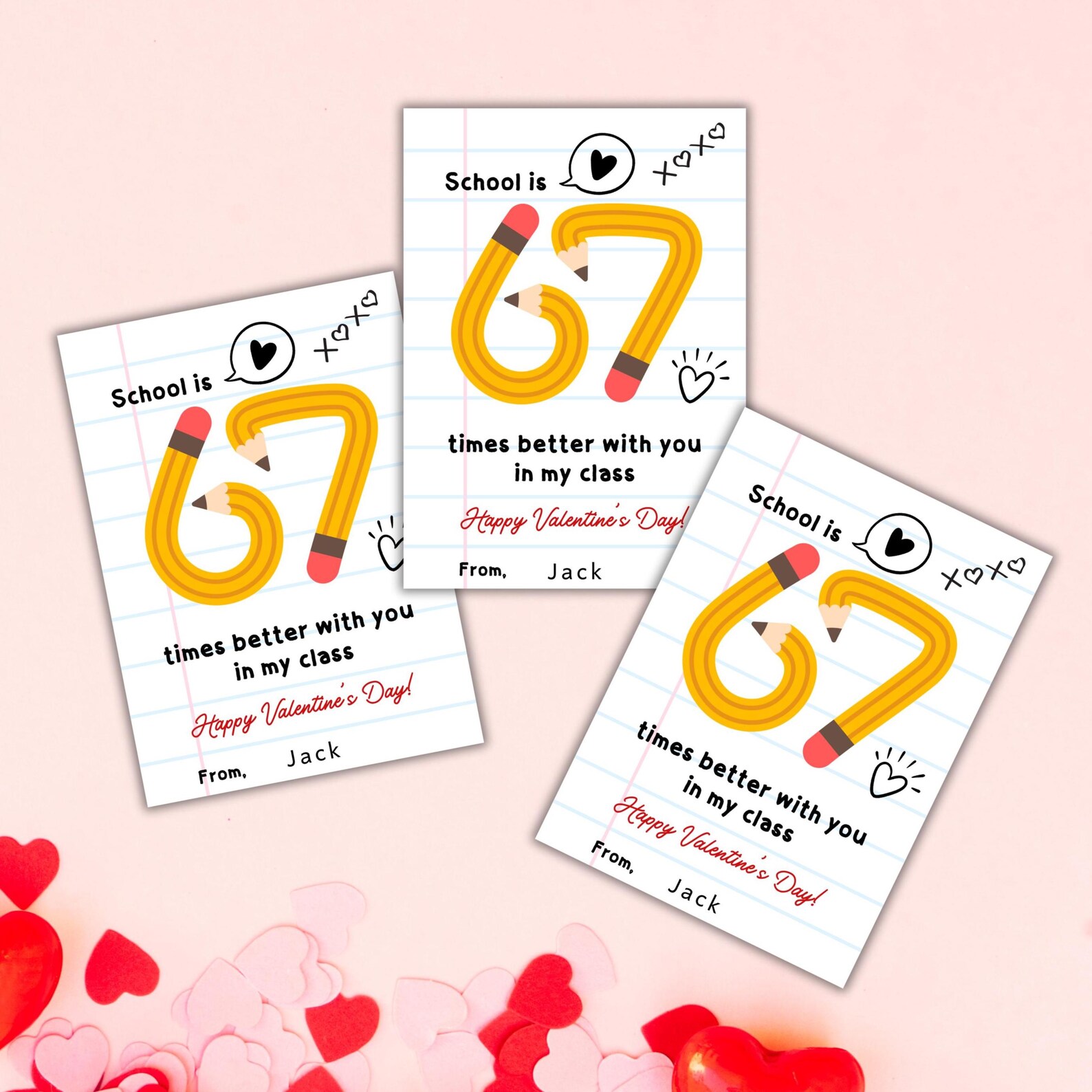Valentine 67 Meme Cards Template, Printable Six Seven Slang School ...