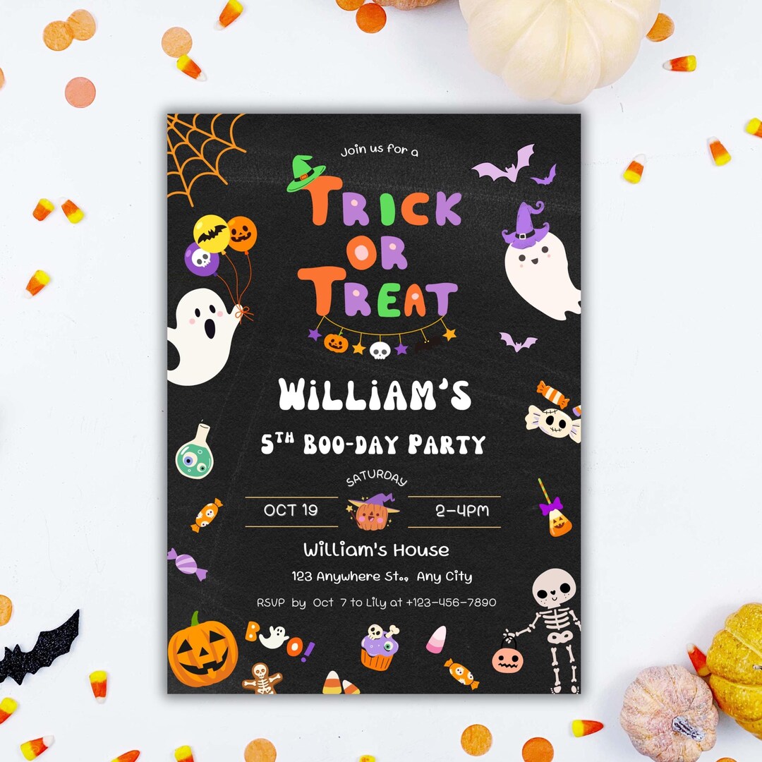 Editable Trick or Treat Halloween Birthday Party Invitation, Cute ...