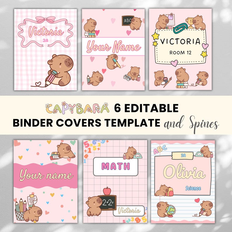 Editable Capybara Binder Covers and Spines for Girl, Girl Personalised ...