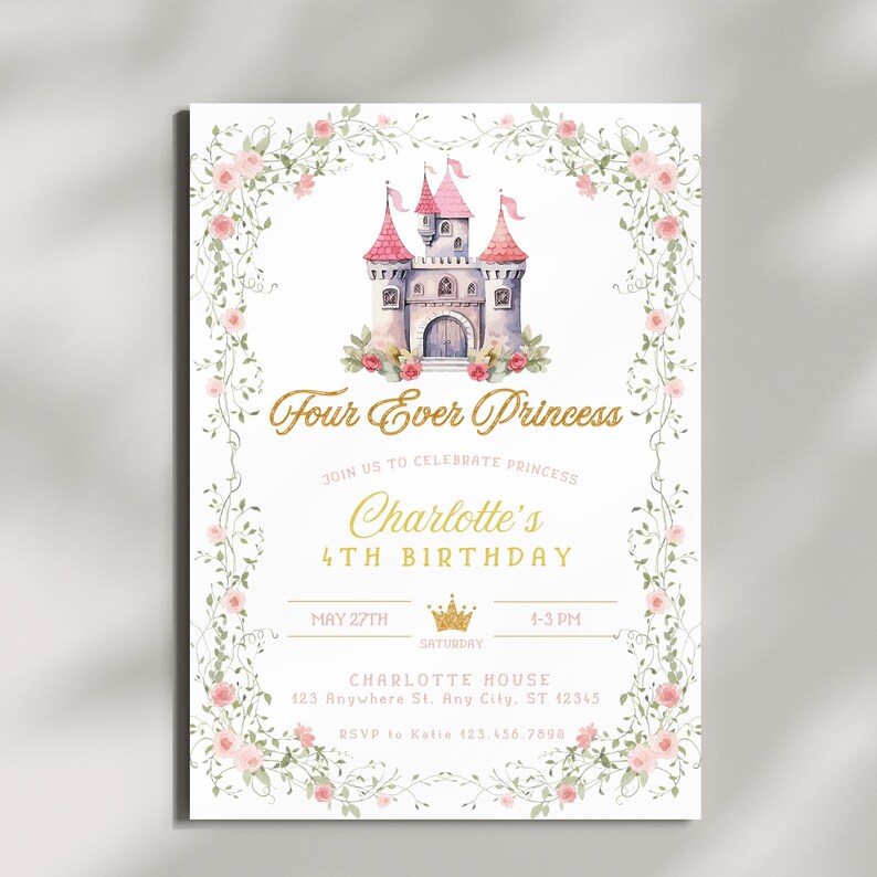Editable Four Ever Princess Birthday Party Invitation, Princess Castle ...