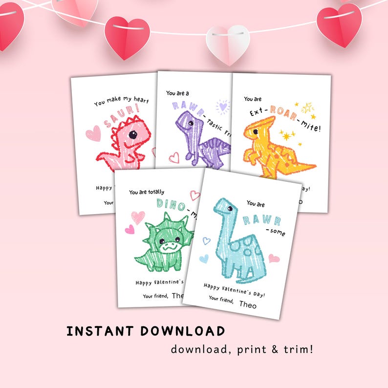 Dinosaur Valentine's Day Cards Template, Printable Kids Dino Vday Tags ...