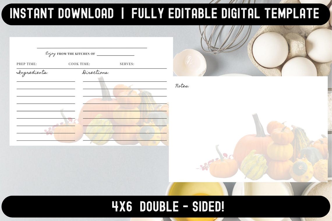 Recipe Card Printable Simply Vintage Fall Autumn Pumpkin - 4x6 Card - Etsy