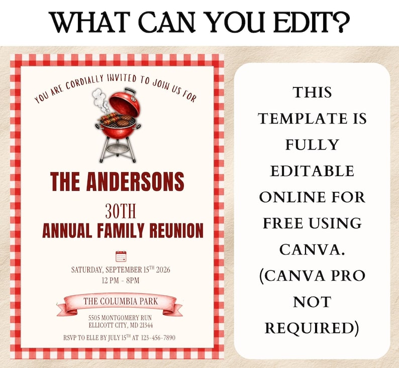 Family Reunion Invitation Template, Editable BBQ Reunion Party Invite ...
