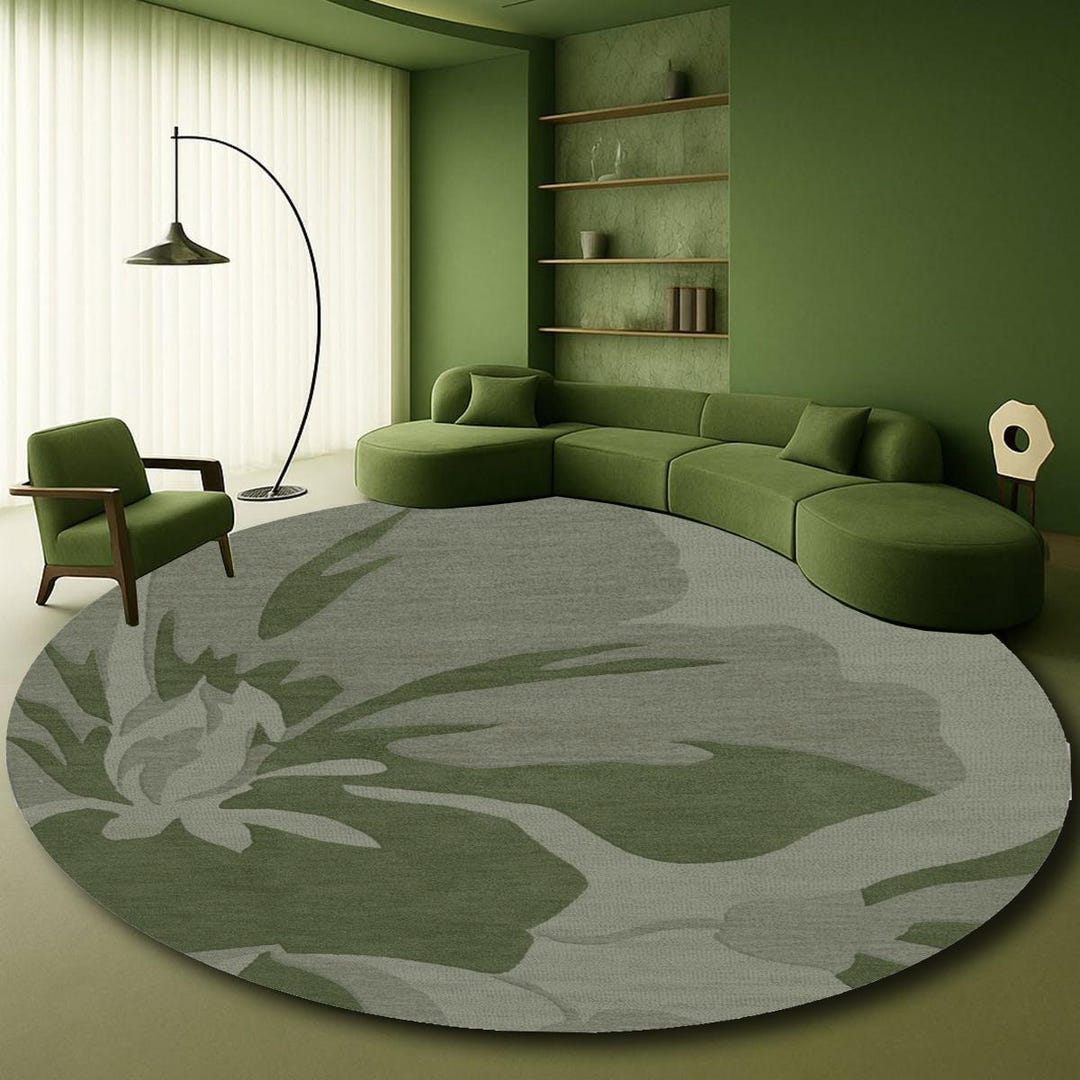 Large Round Green Rug Round Floral Area Rug Moss Green Aesthetic Carpet ...