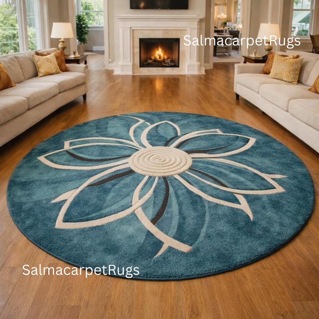 Large Round Blue Floral Rug Hand Tufted Circle Area Rug for Living Room ...