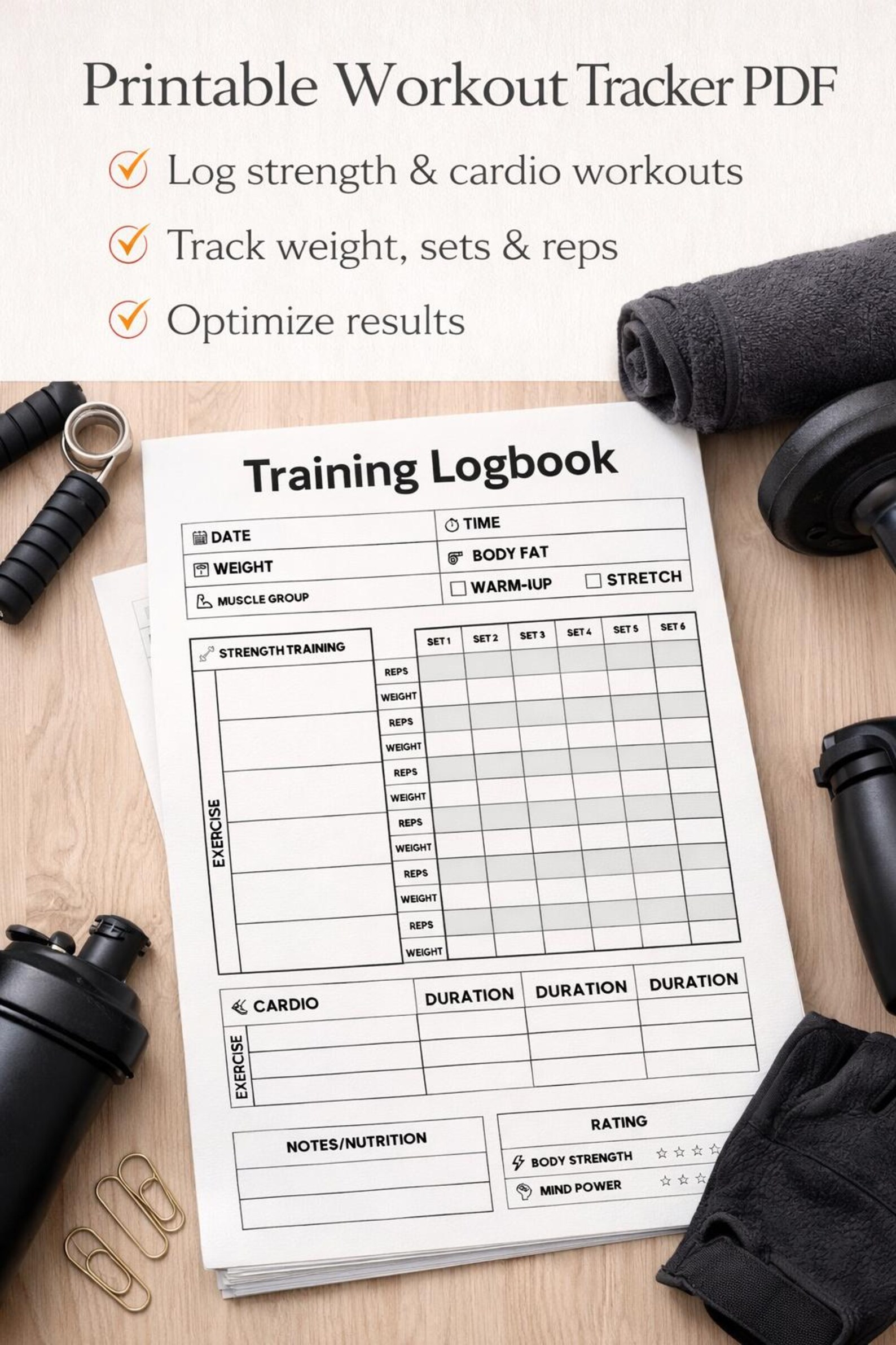 Fitness Training Log PDF | Track Strength, Cardio, & Goals Easily in ...
