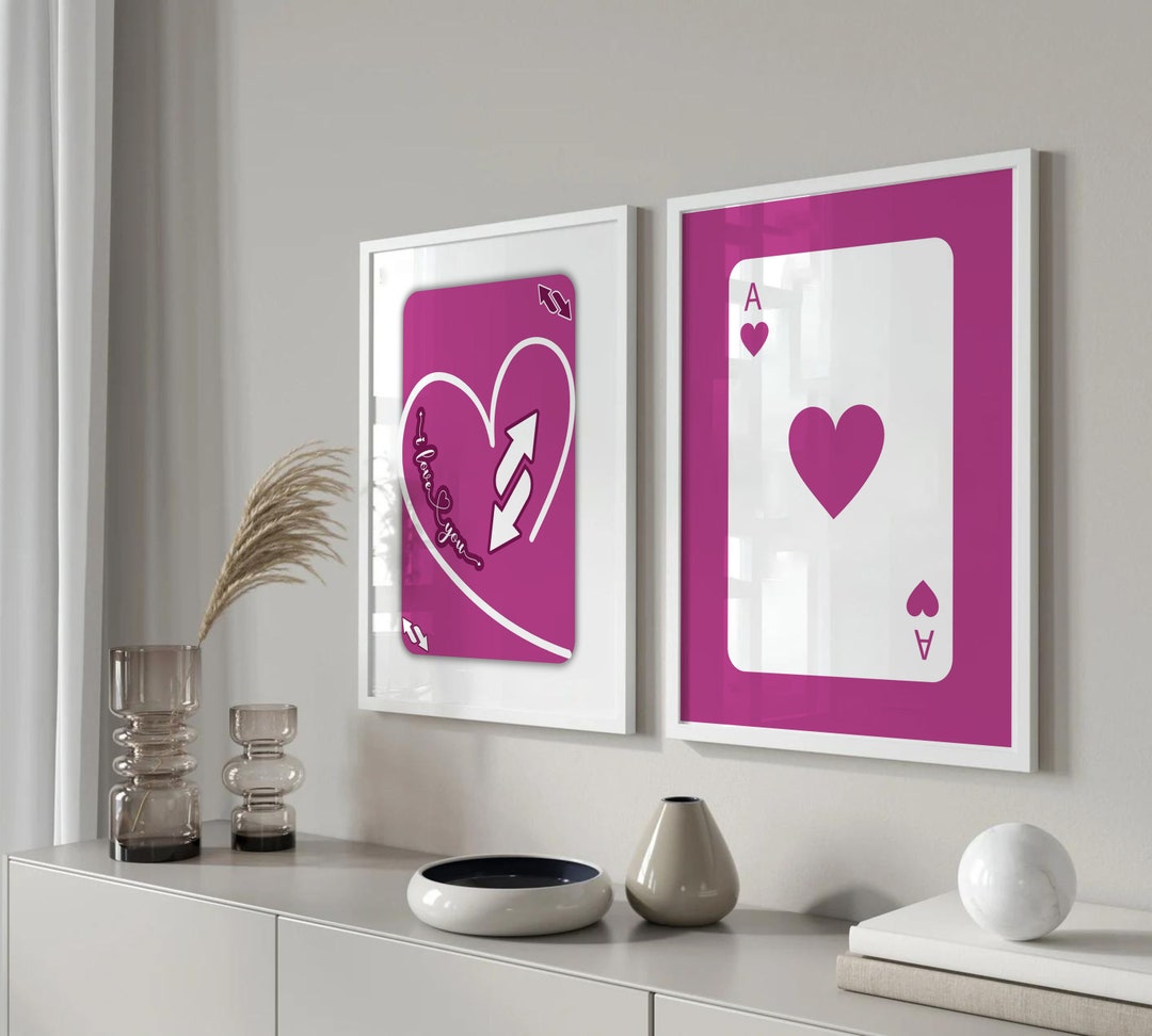 Pink Ace Card Print, Love You Wall Art, Trendy Playing Card Set of 2 ...