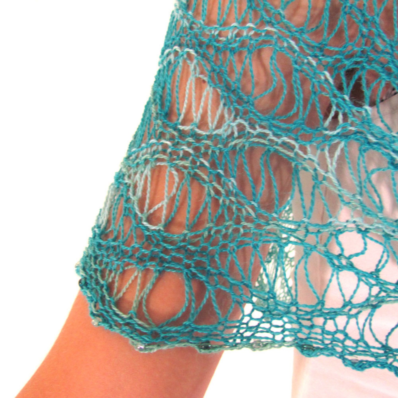 Lace Wrap, Handknit Lace Shawl, Seafoam Lace, Aqua Lace, Beaded Lace ...