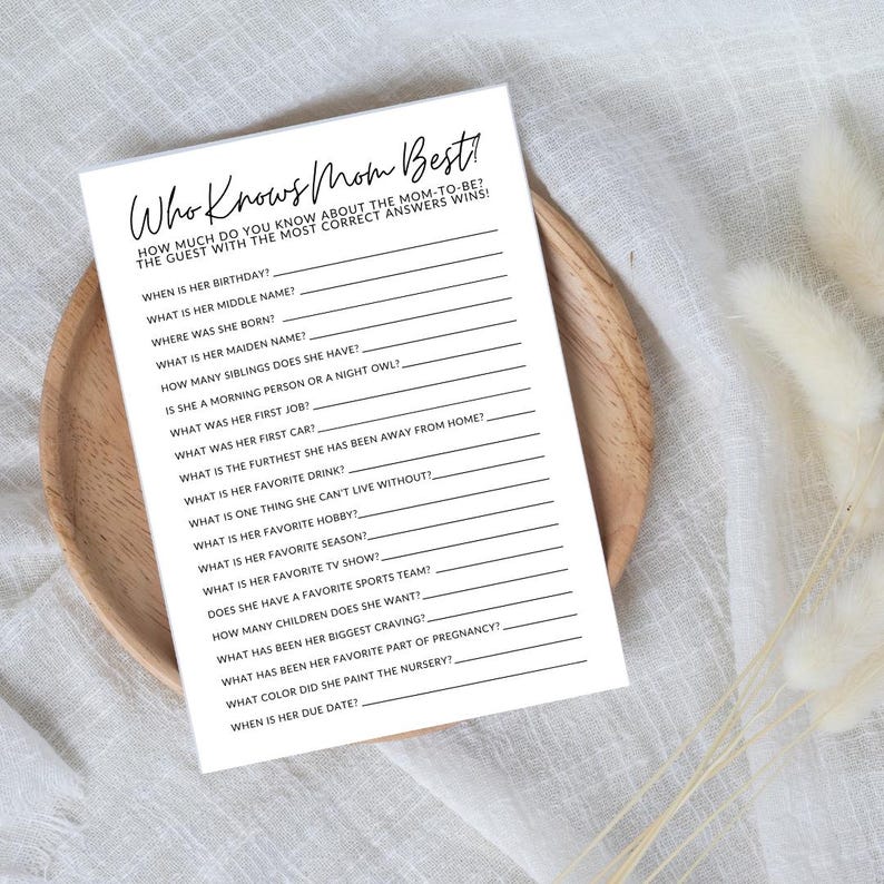 Who Knows Mom Best? Twenty Questions Baby Shower Game | Baby Shower ...
