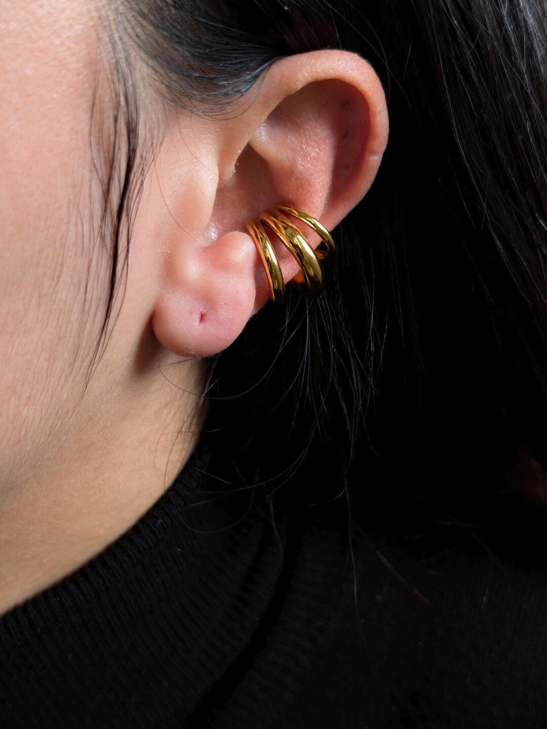 Gold Triple Band Ear Cuff, Non Piercing Ear Cuff, Unisex Bold Ear Cuff, Conch Ear Cuff, Trendy ...