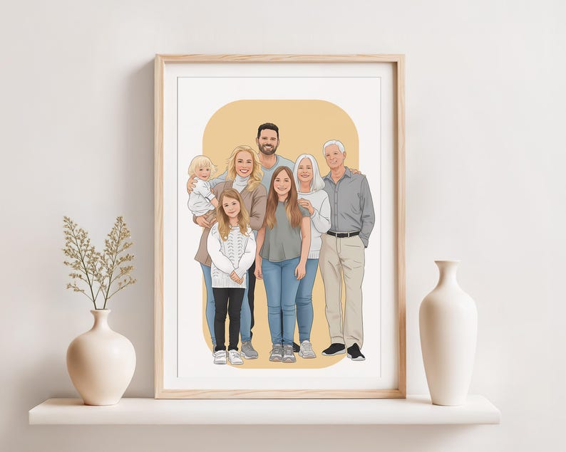 Custom Family Portrait Illustration: Christmas Gift, Memorial Art ...