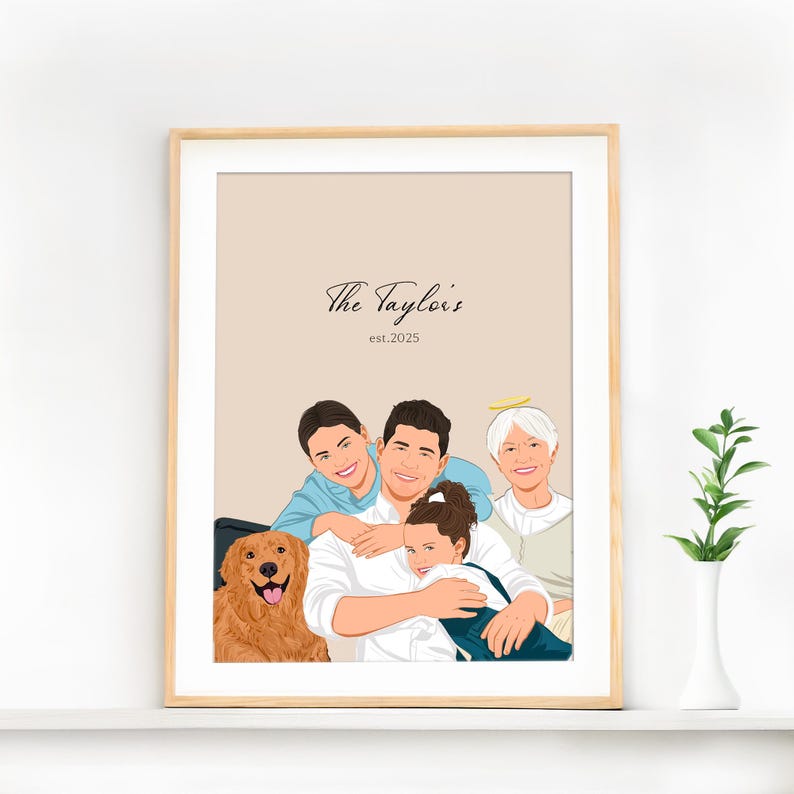 Custom Family Portrait Illustration: Christmas Gift, Memorial Art ...