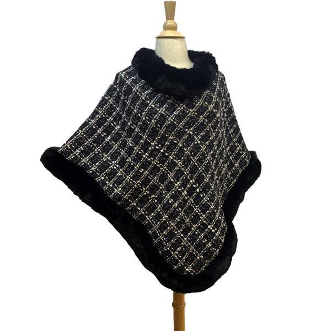 Cozy Faux Fur Trim Patterned Poncho Ruana Cape - Etsy