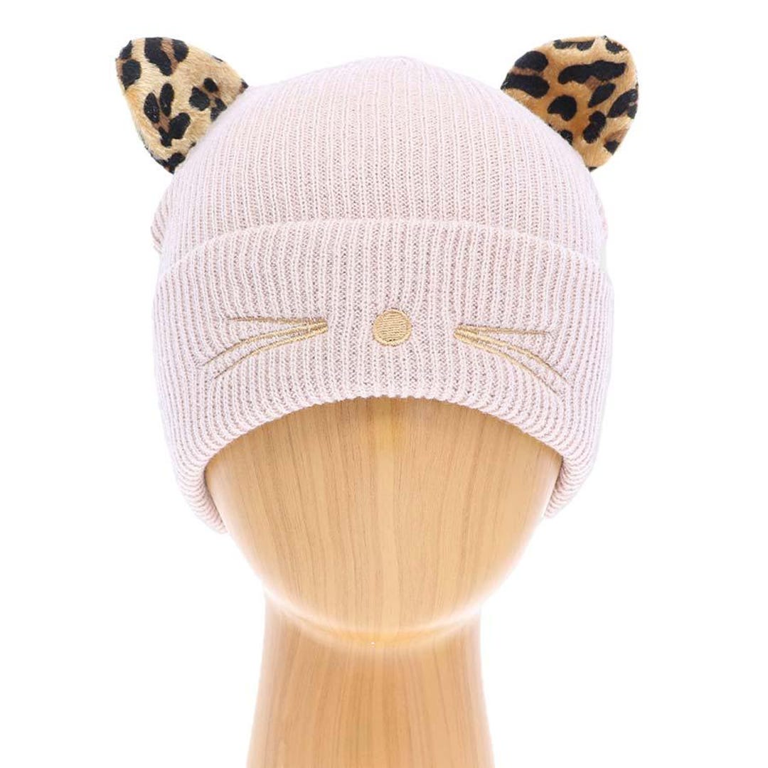 Cable Knit Leopard Pattern Cat Ear Beanie Hat - Etsy