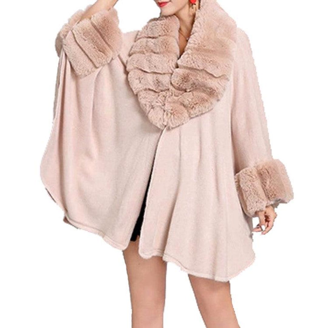 Elegant Faux Fur Trim Collar Cuffs Knit Poncho Ruana - Etsy