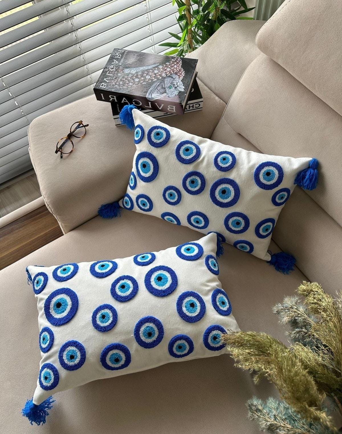 Evil Eye Embroidered Pillow Covers Set of 2, Handmade Punch Needle ...