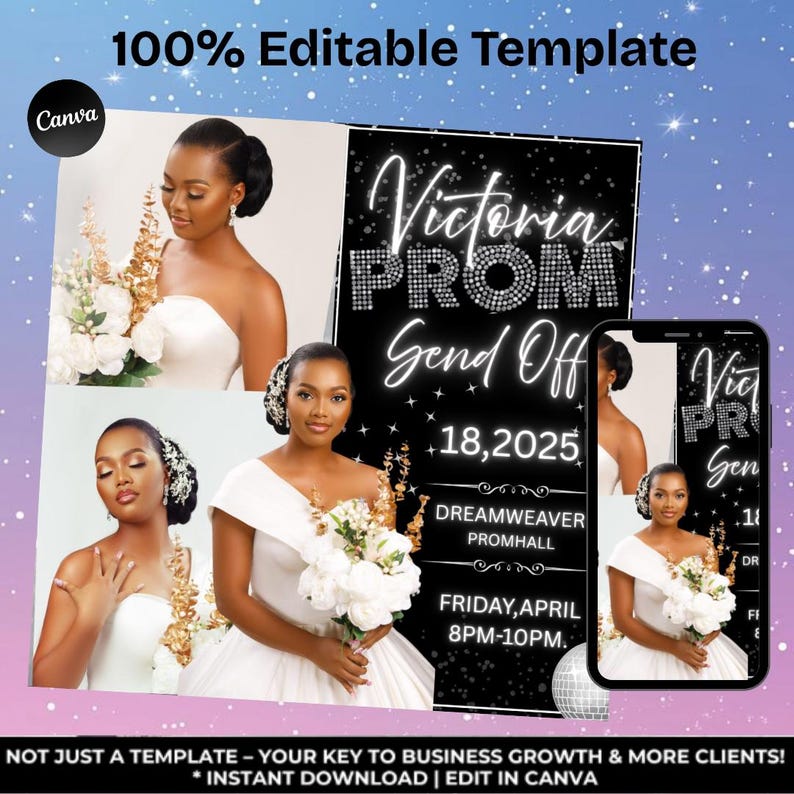 Editable Prom Send off Flyer Template Canva | Black Silver Prom ...