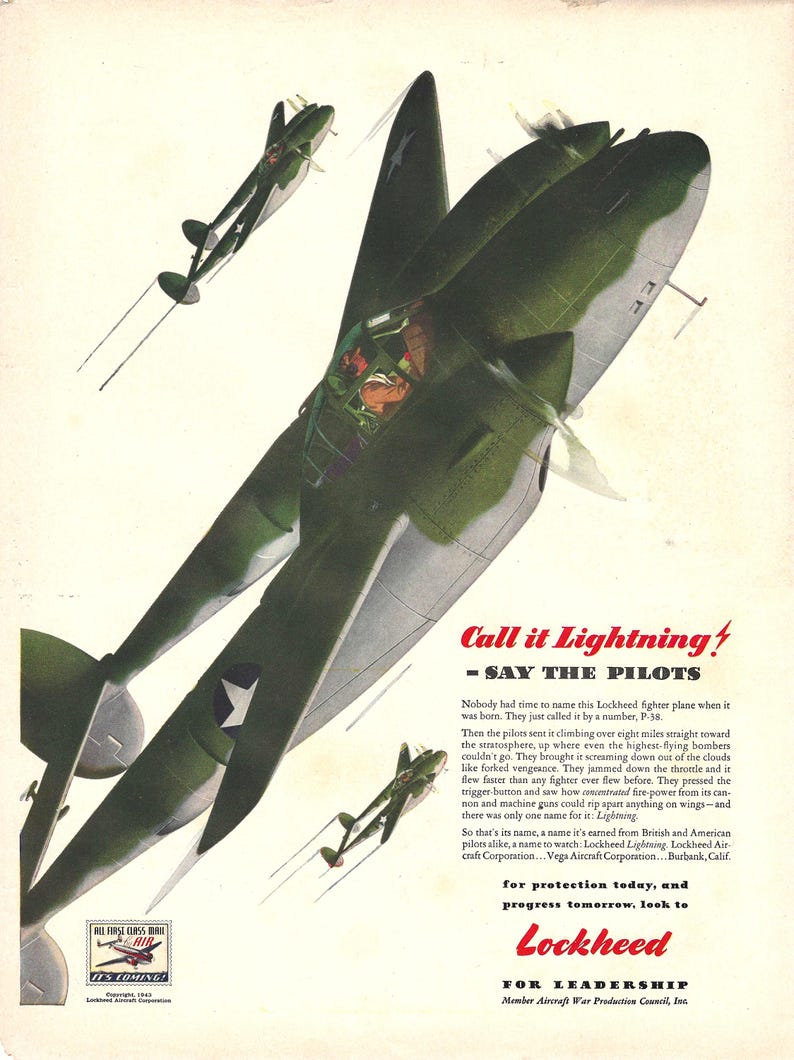 1943 WWII Lockheed Print Ad. Aircraft Warbirds Pilot Lightning Fighter ...