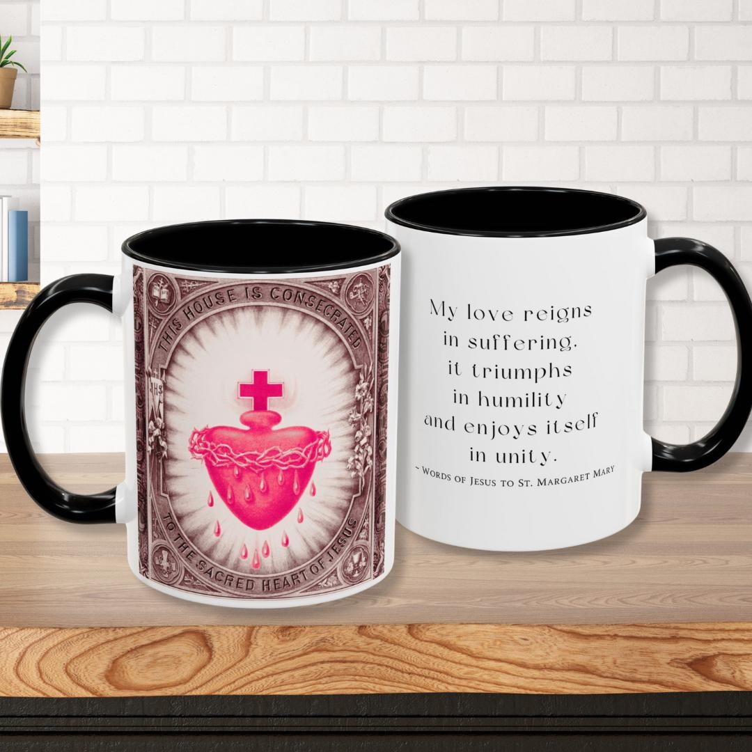 Sacred Heart of Jesus Antique Art - Catholic Coffee Mug With Quotes ...
