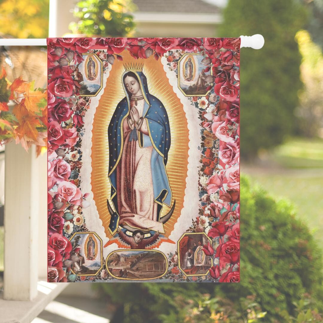Our Lady of Guadalupe - Catholic House + Garden Flag W/roses - Catholic Home Banner ...