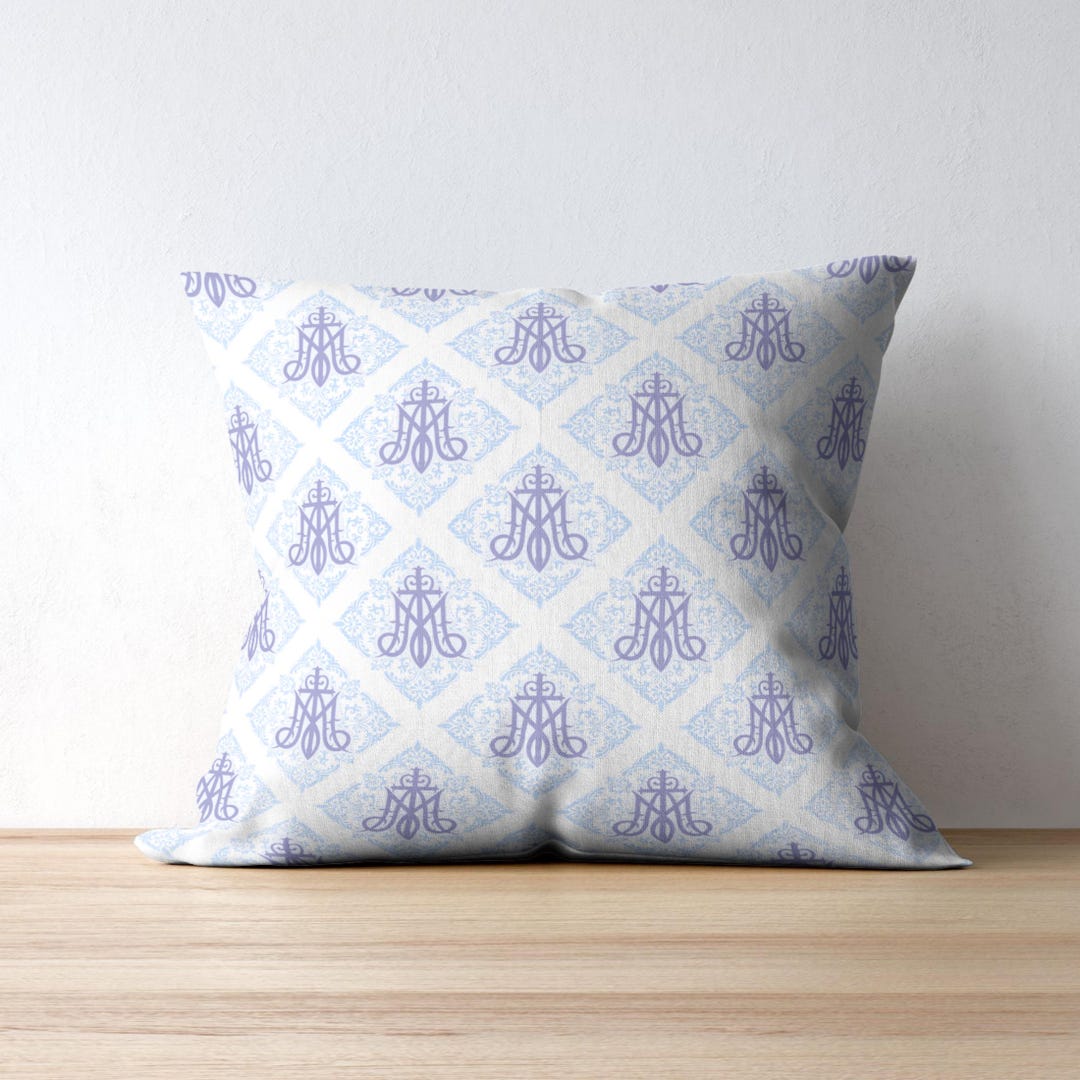 Marian Symbol Catholic Pillow Cover Auspice Maria Block Print Blue ...