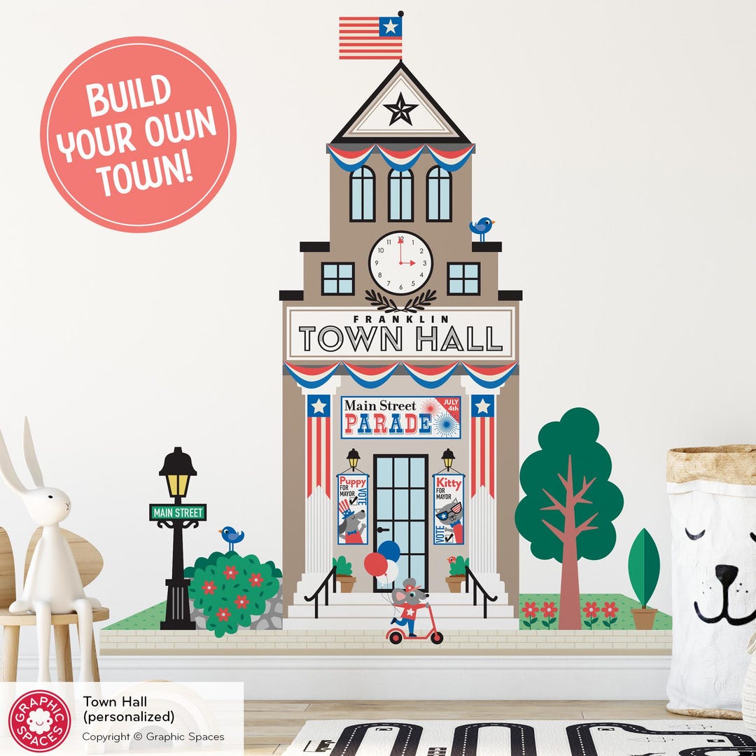 Patriotic Town Hall Fabric Wall Decal, Personalized Kids, Happy Town ...