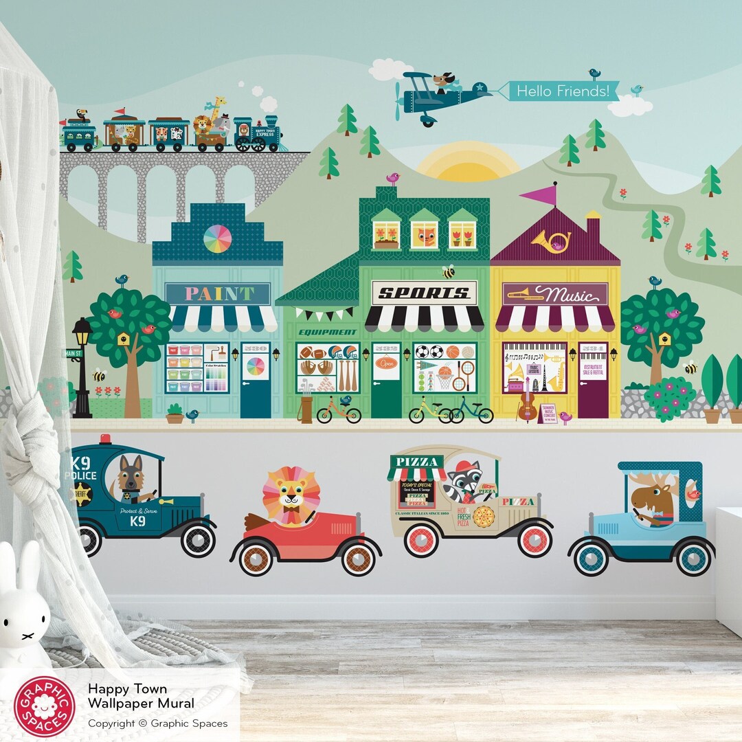 Happy Town WALLPAPER Mural 3 Building Shops, Village City Street ...