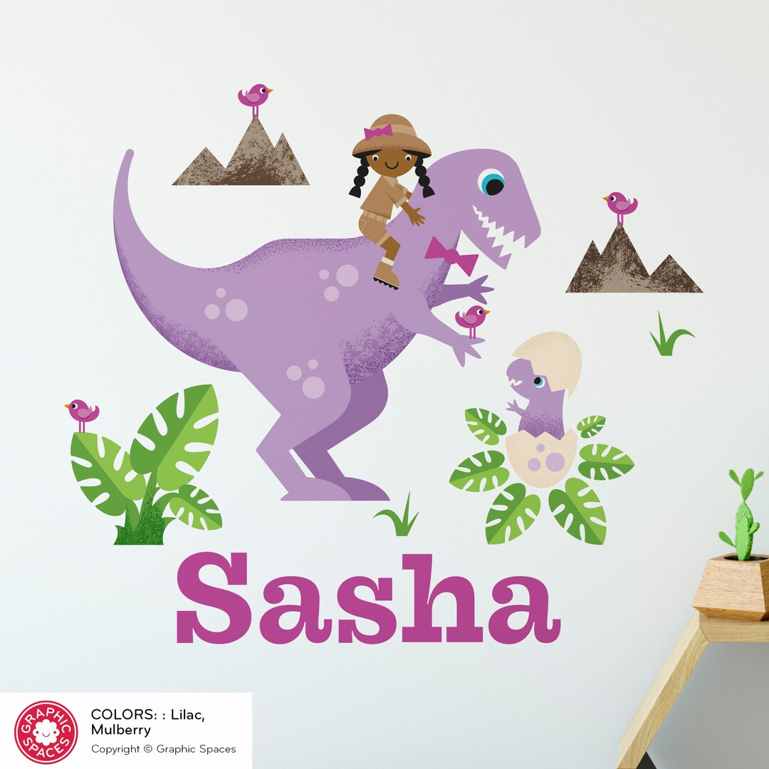 T-Rex Girl Dinosaur Fabric Wall Decals Personalized Name, Safari Girl ...