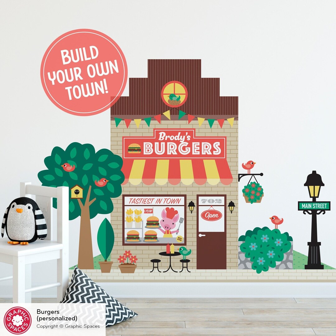 Burger Shop Fabric Wall Decal, Personalized Kids Happy Town City ...