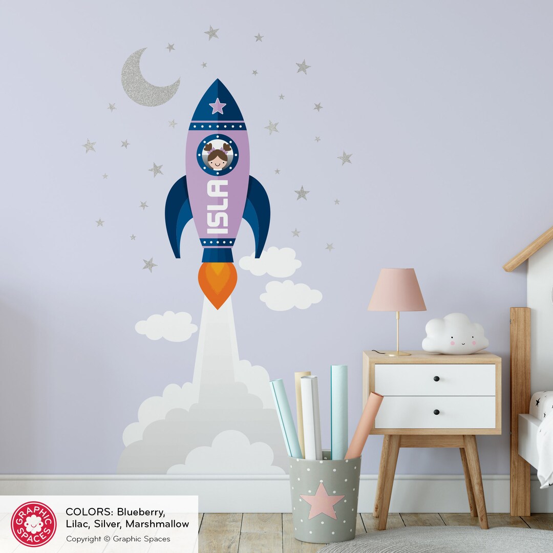 Rocket Launch Girl Fabric Wall Decal Personalized Name, Outer Space ...