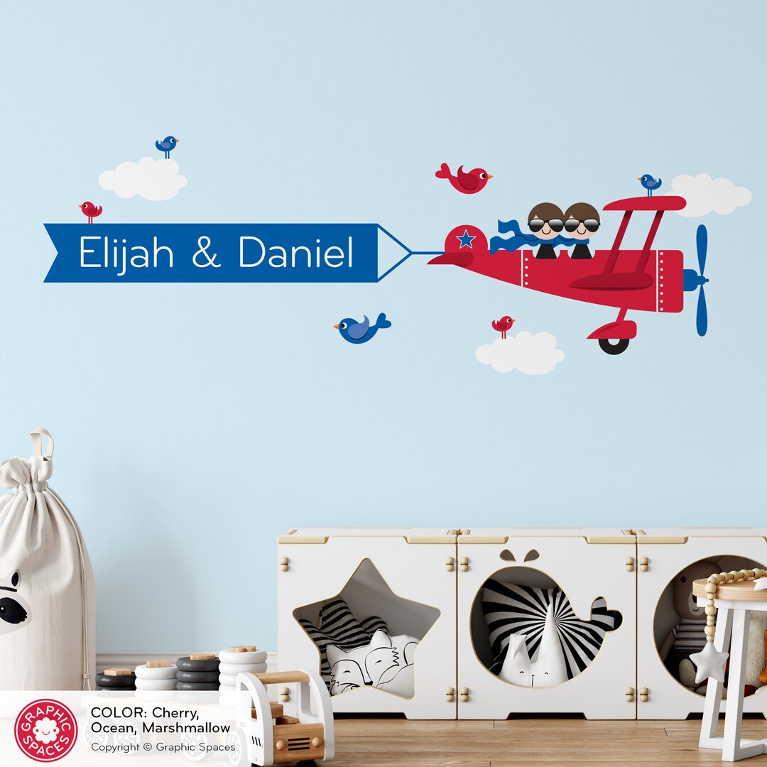 Personalized Airplane Fabric Wall Decal: Twin Sibling Name Banner, Kids ...