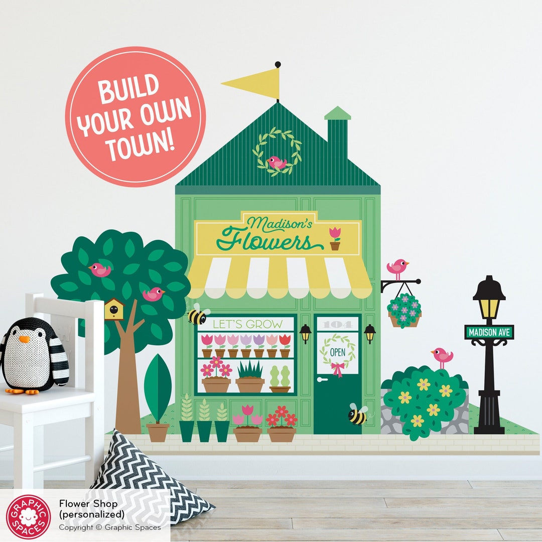 Flower Shop Fabric Wall Decal, Personalized Kids Happy Town City ...