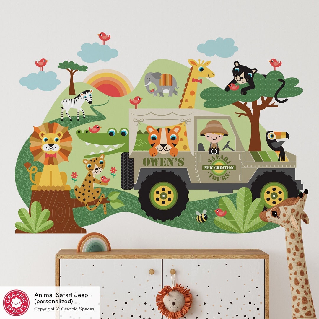 Safari Jungle Animal Jeep Boy Adventure Fabric Wall Decal, Personalized ...