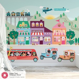 Happy Town WALLPAPER Mural 3 Building Shops, Village City Street ...