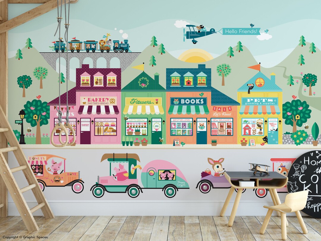Happy Town WALLPAPER Mural 4 Building Shops Village City - Etsy