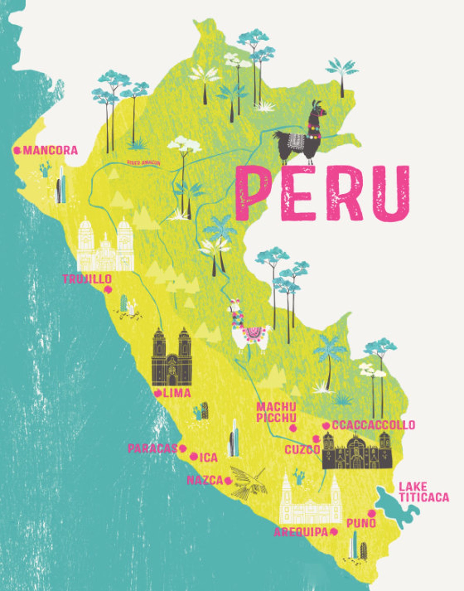 Illustrated Map Of Peru Print / Retro Travel Poster / Gift For | Etsy
