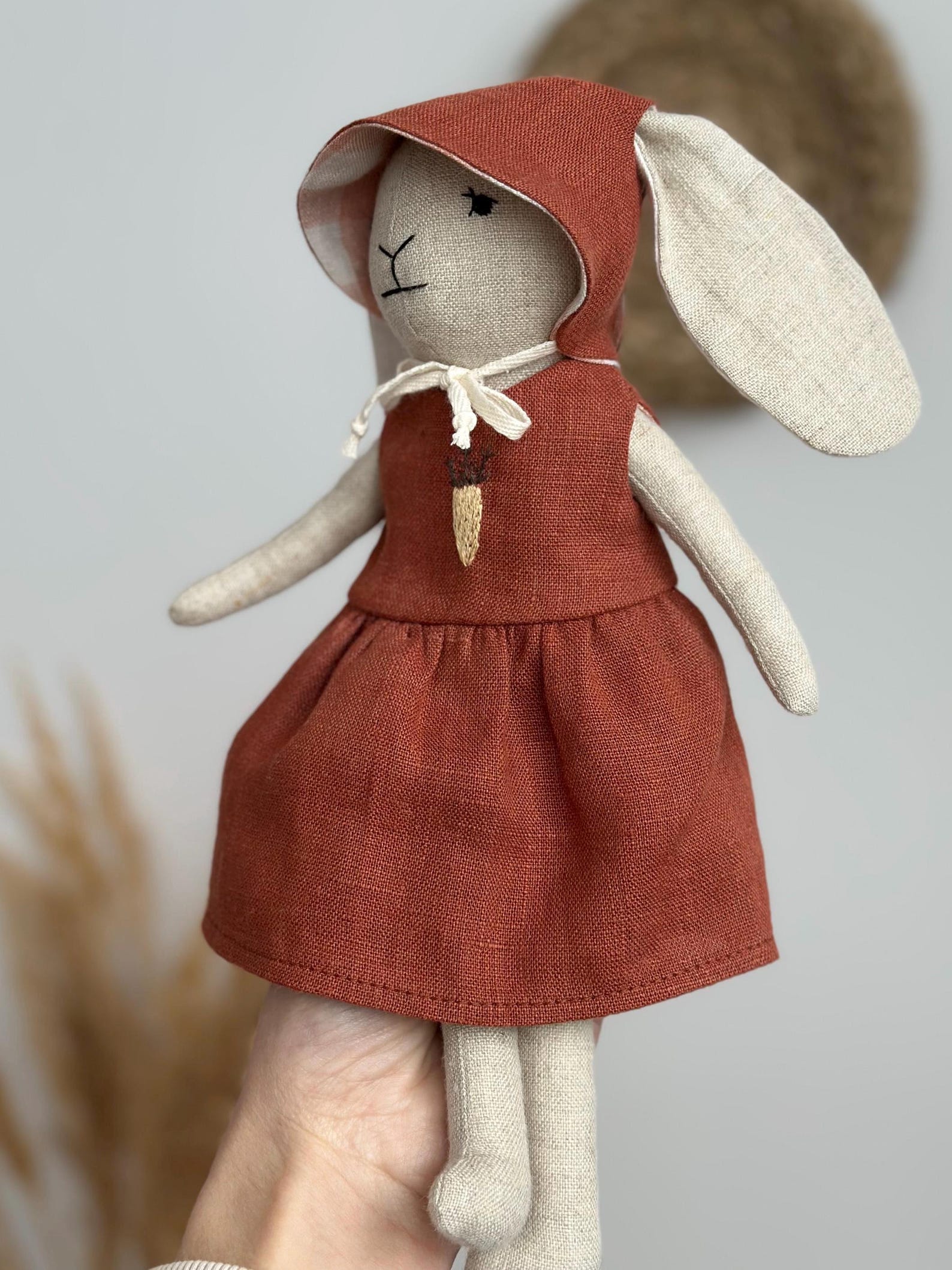 Handmade Linen Bunny Doll – Embroidered Carrot Dress, Nursery Decor - Etsy
