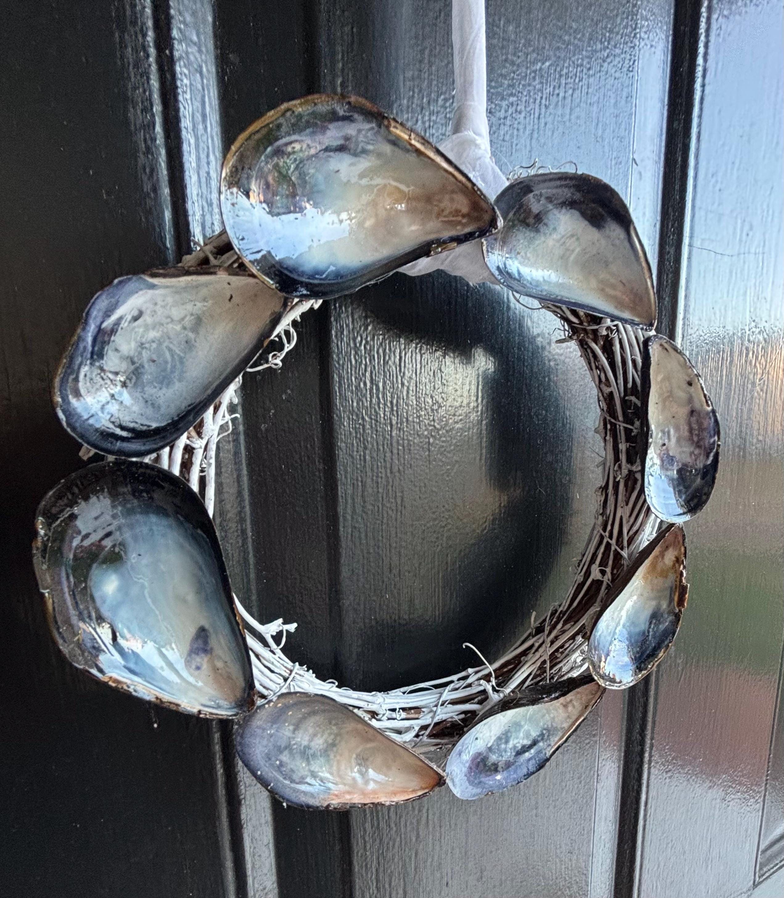 Shell Wreath, Mussel Shells, Grapevine, Front Door, Mantel, Home Decor ...