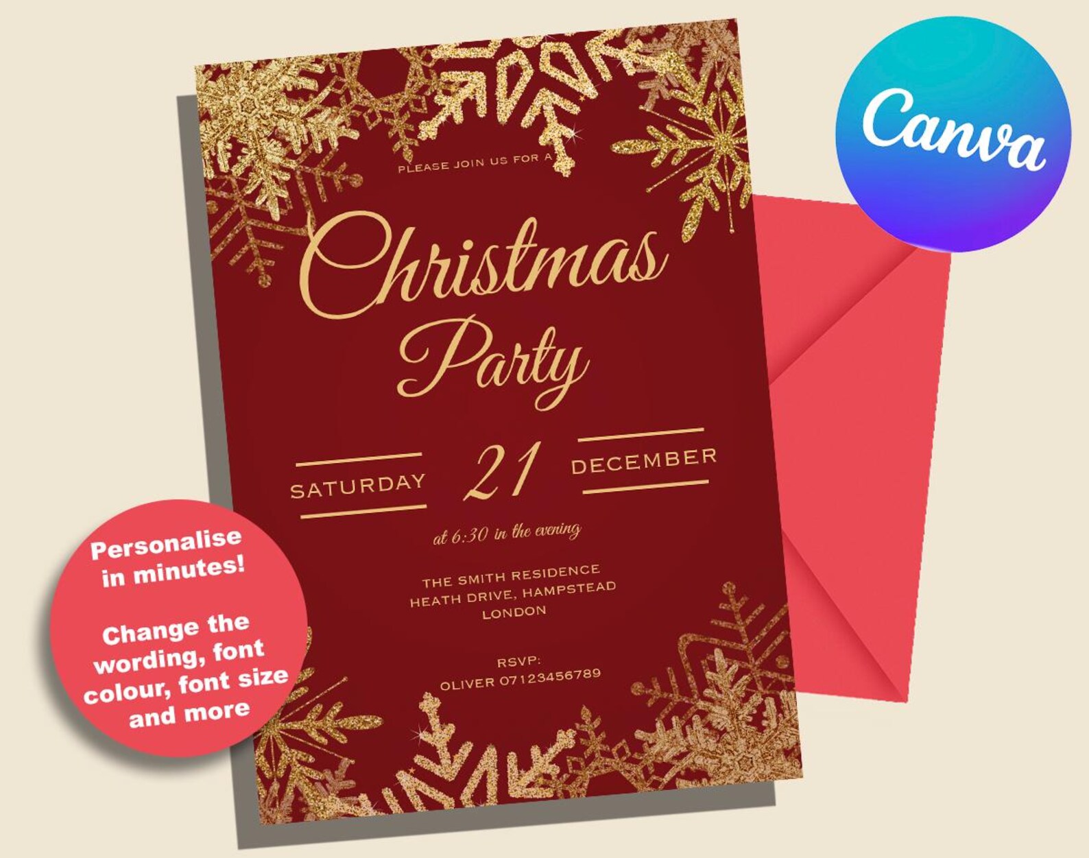 Editable Christmas Invite, Gold Snowflake Invitation, Christmas Party ...